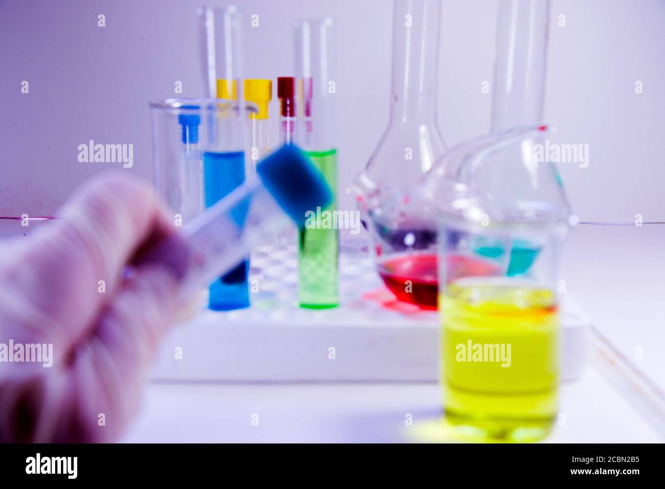 Chemical laboratory instruments, glassware and pipette. Tests and ...