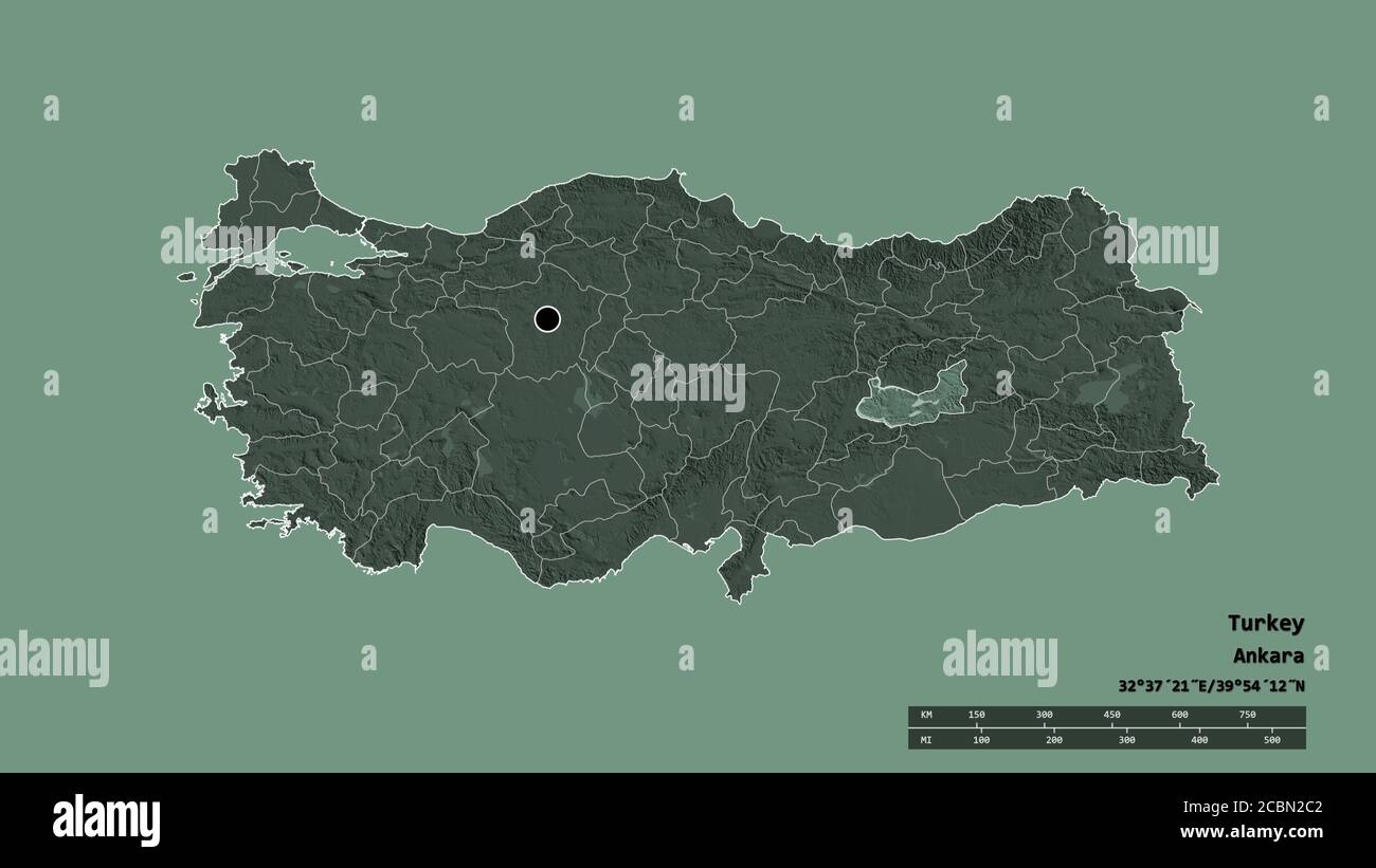 Desaturated shape of Turkey with its capital, main regional division ...