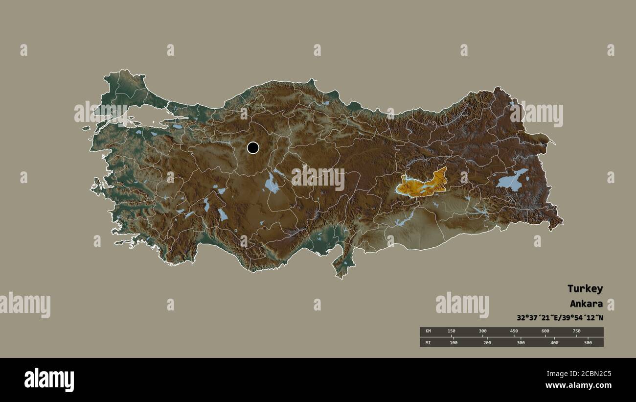Desaturated shape of Turkey with its capital, main regional division ...