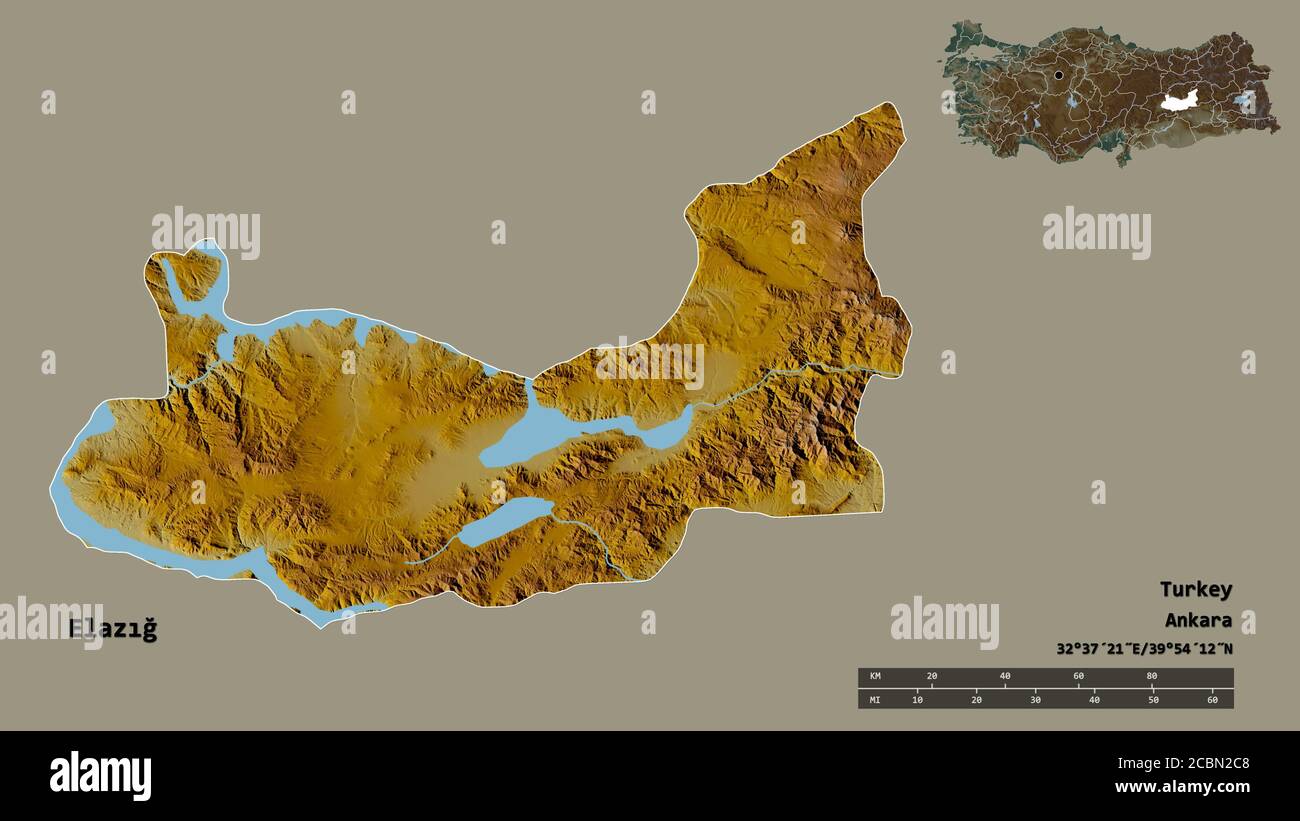 Shape of Elazığ, province of Turkey, with its capital isolated on solid ...