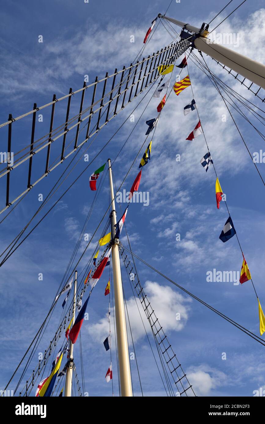 Tall masts with flags of historic SS Great Britain steam / sailing ship ...