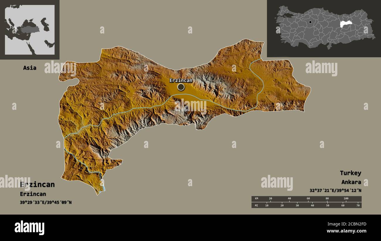 Shape of Erzincan, province of Turkey, and its capital. Distance scale ...