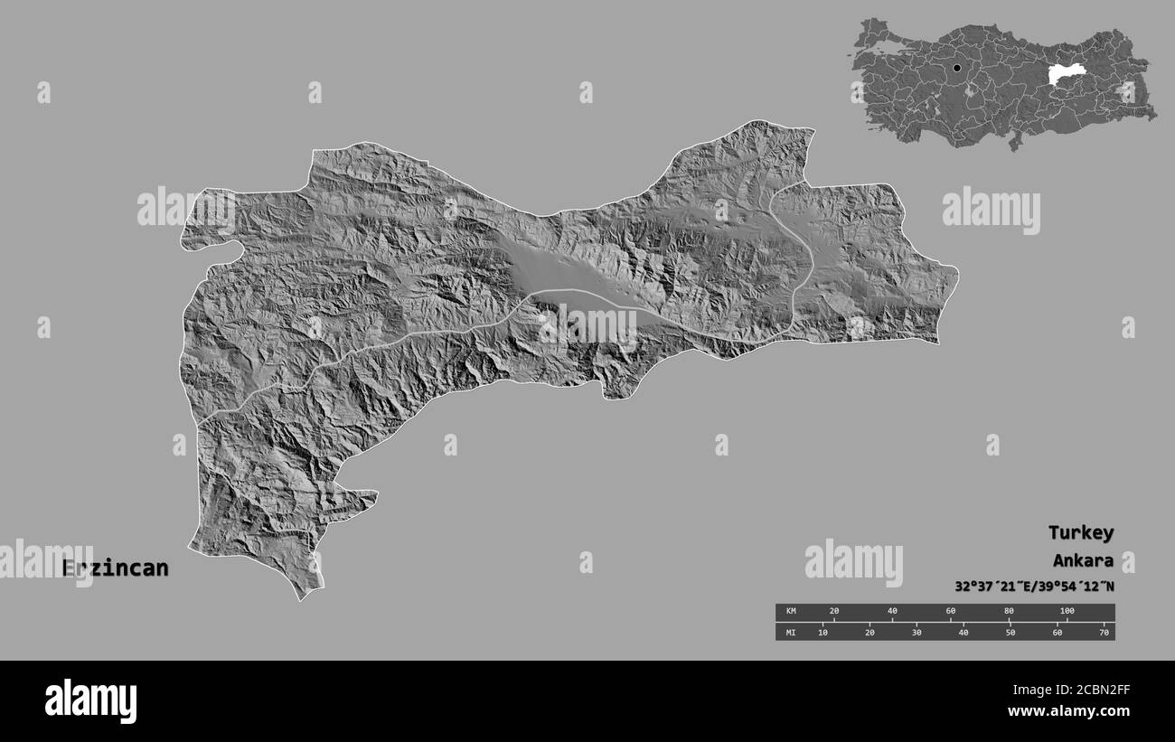 Shape of Erzincan, province of Turkey, with its capital isolated on ...