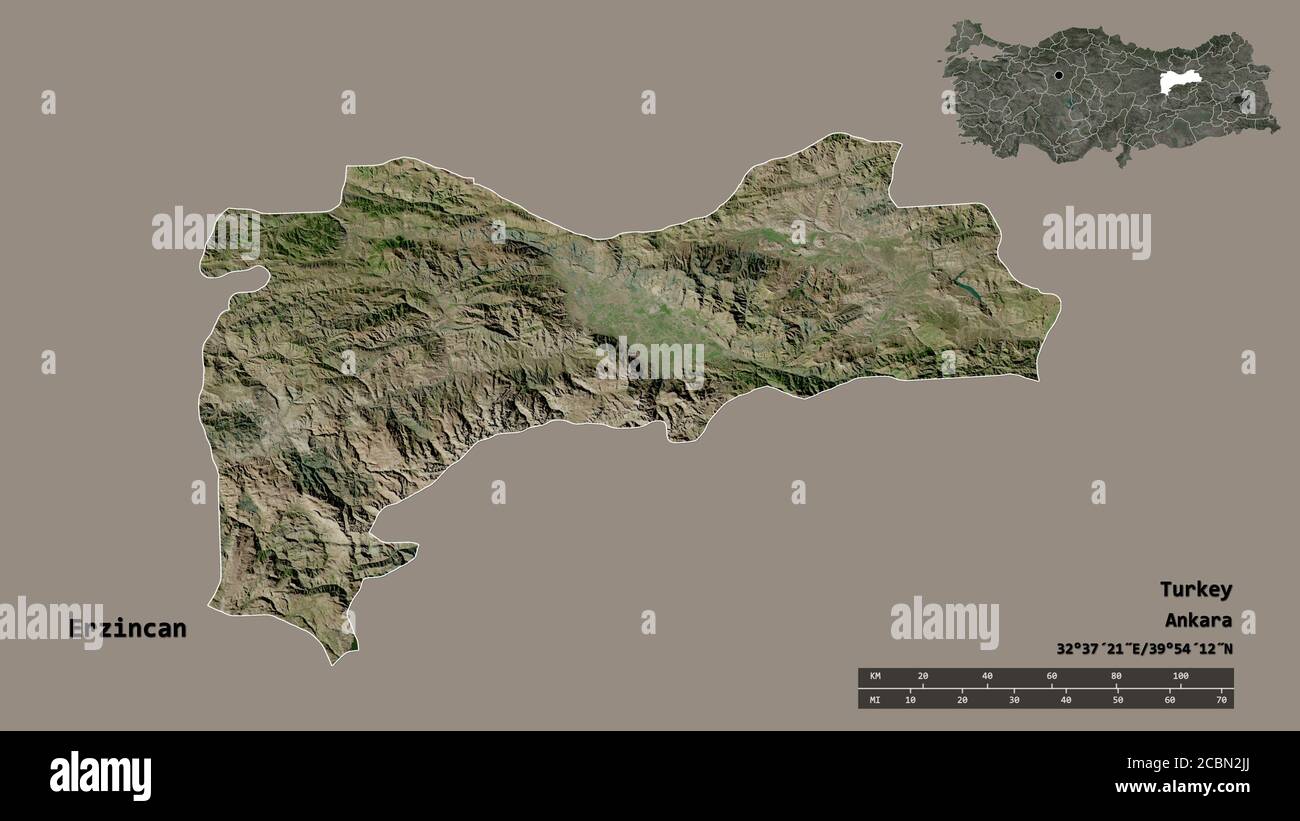 Shape of Erzincan, province of Turkey, with its capital isolated on ...