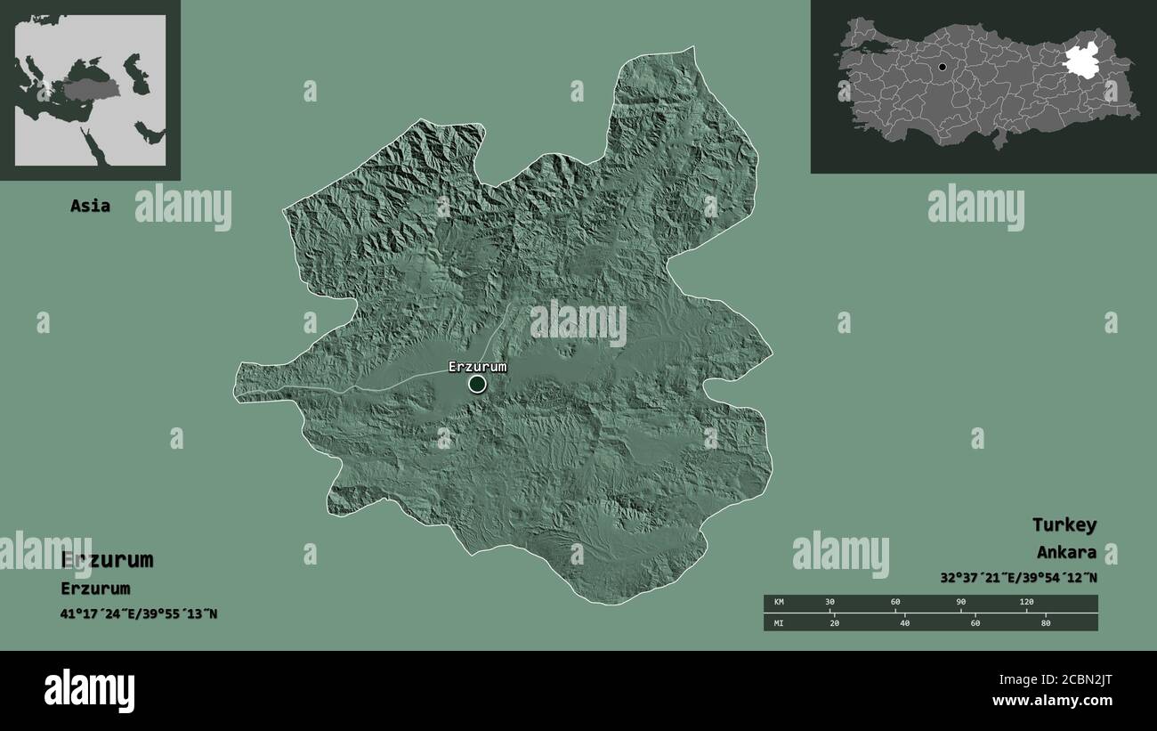 Shape of Erzurum, province of Turkey, and its capital. Distance scale ...
