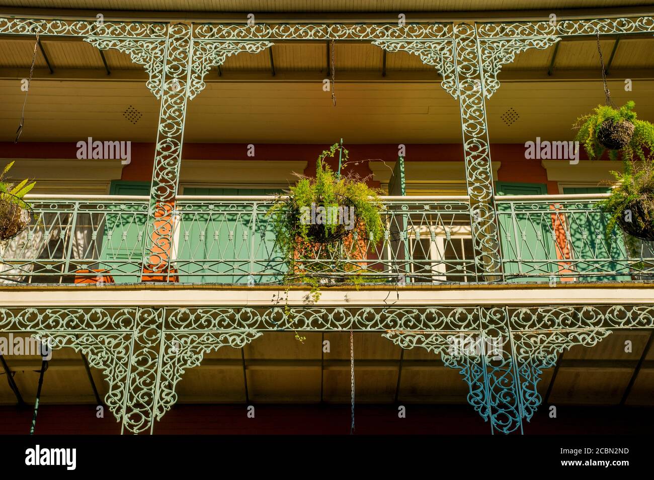 Detail of wrought iron balconies in the historic French Quarter of New ...