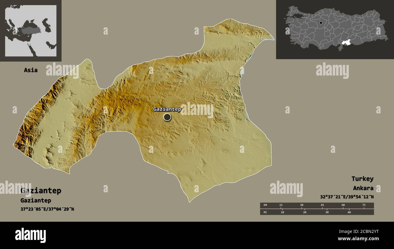 Shape of Gaziantep, province of Turkey, and its capital. Distance scale ...