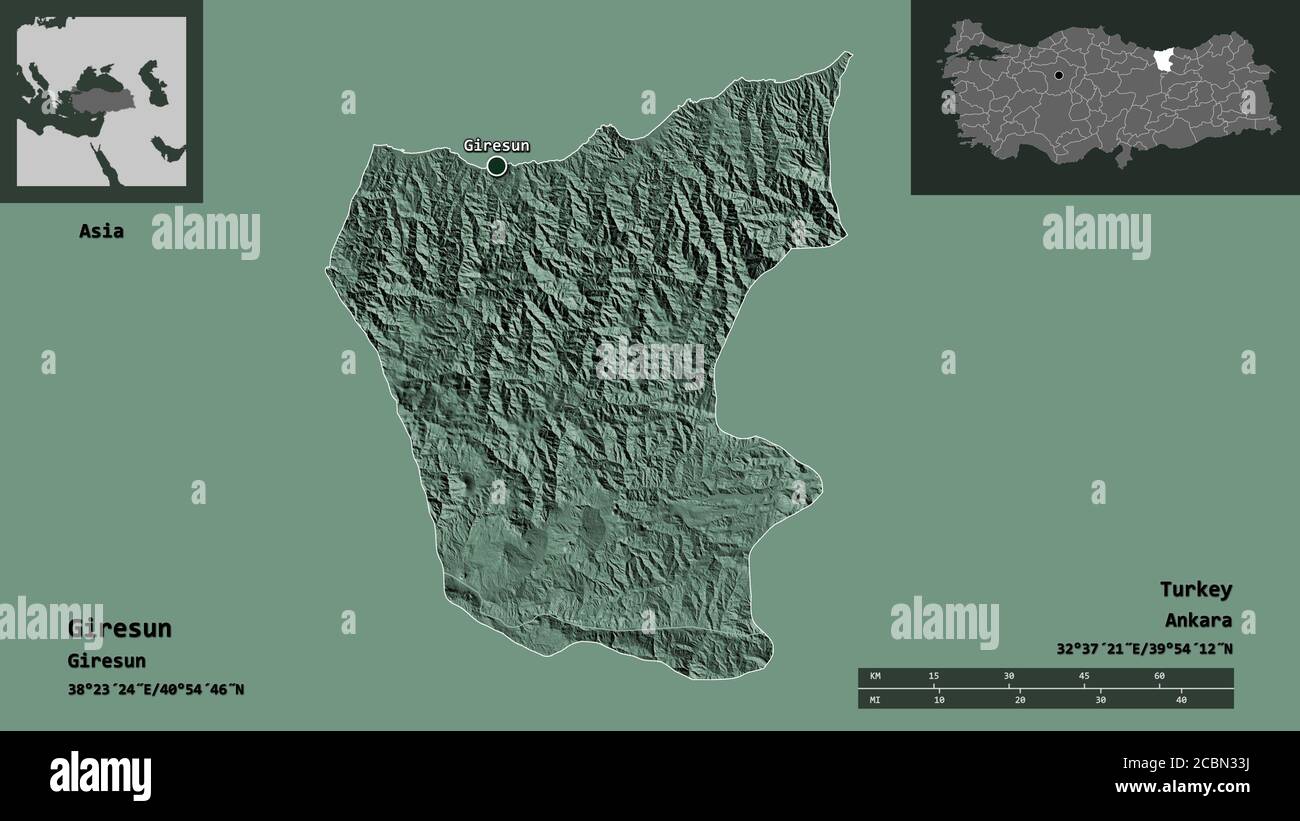 Shape of Giresun, province of Turkey, and its capital. Distance scale ...