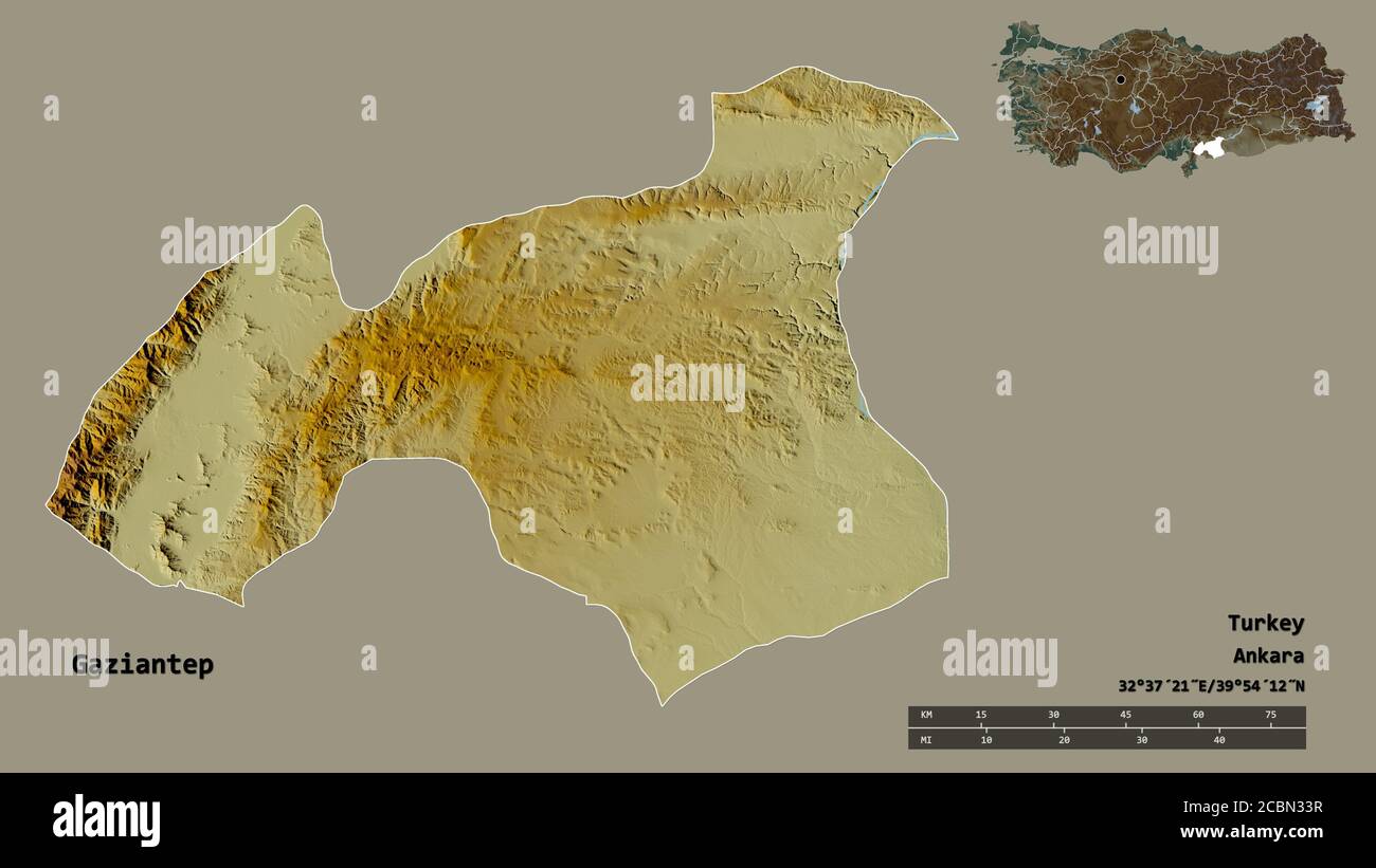 Shape of Gaziantep, province of Turkey, with its capital isolated on ...