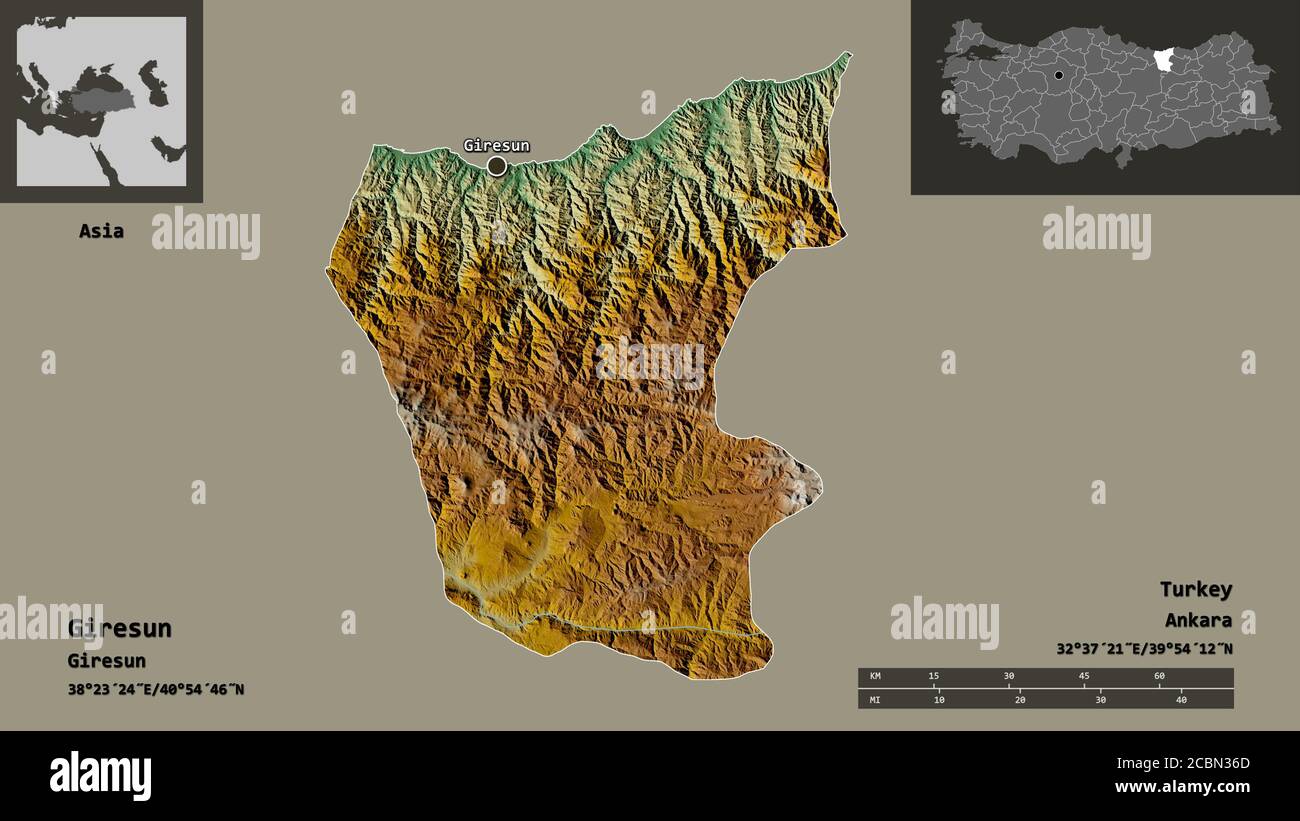 Shape of Giresun, province of Turkey, and its capital. Distance scale ...