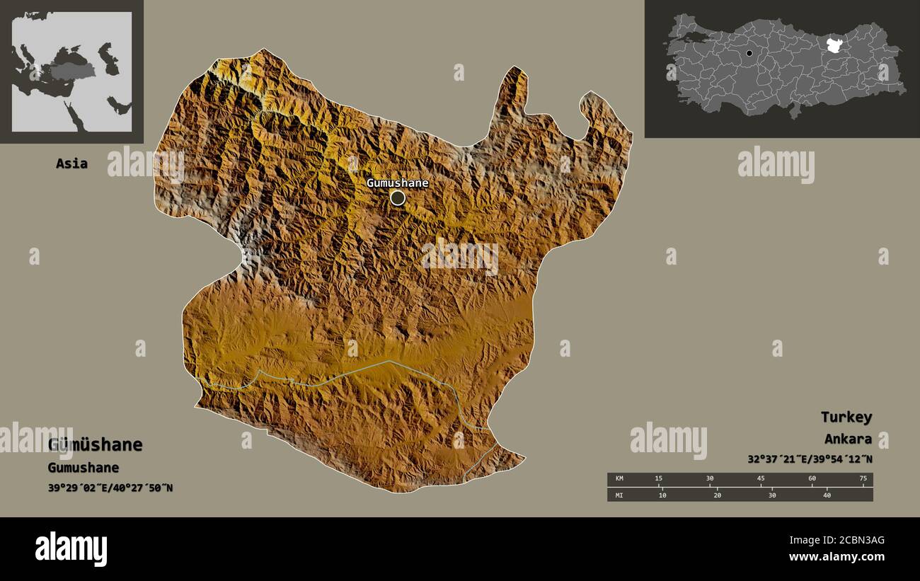 Shape of Gümüshane, province of Turkey, and its capital. Distance scale ...