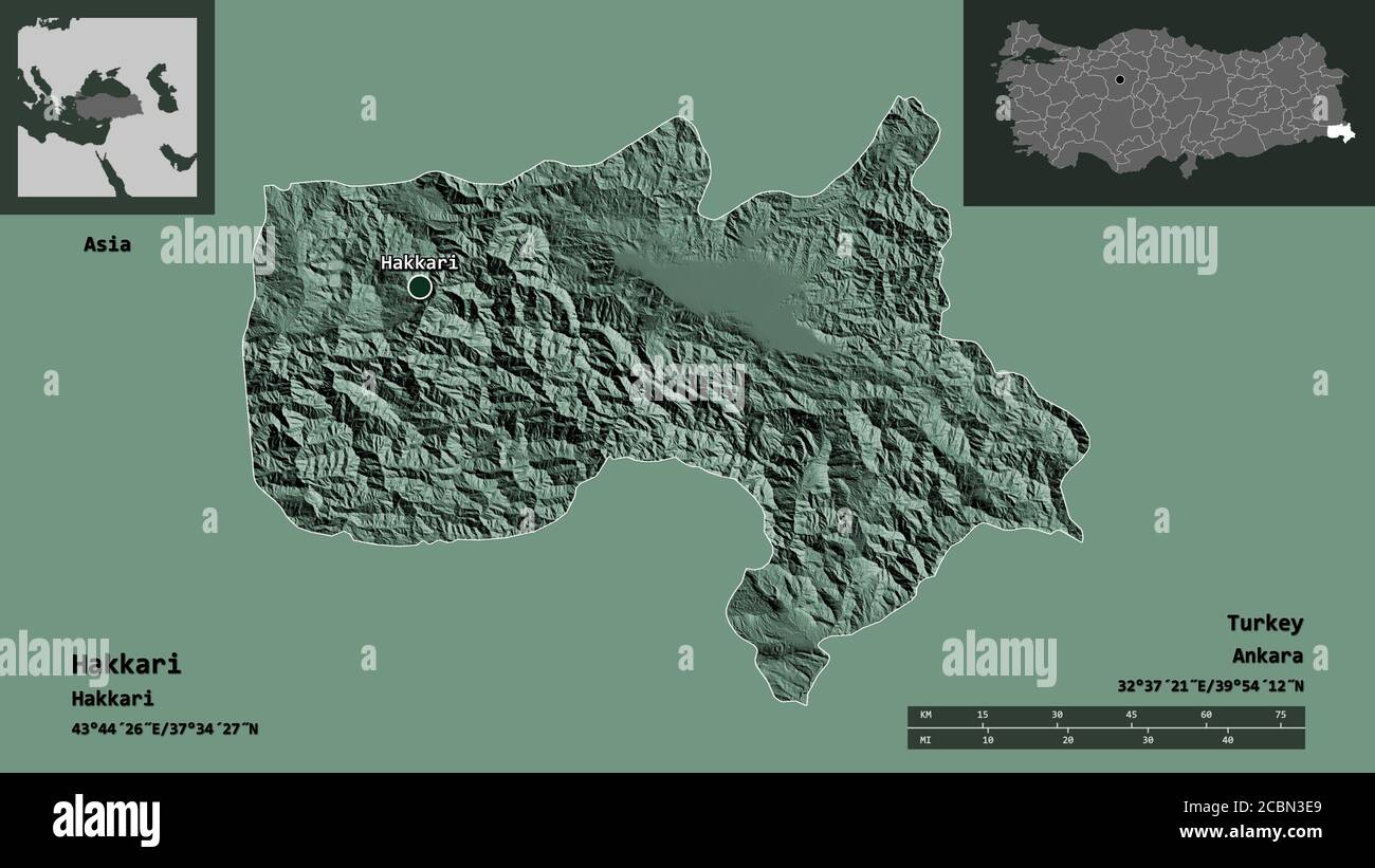 Shape of Hakkari, province of Turkey, and its capital. Distance scale ...
