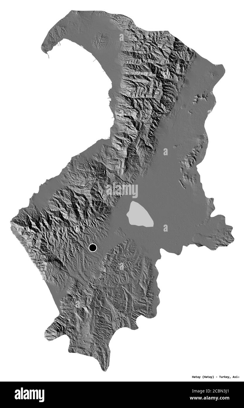 Shape of Hatay, province of Turkey, with its capital isolated on white ...
