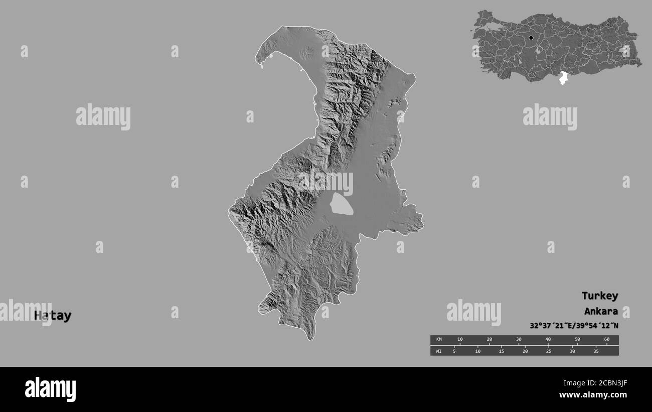 Shape of Hatay, province of Turkey, with its capital isolated on solid ...