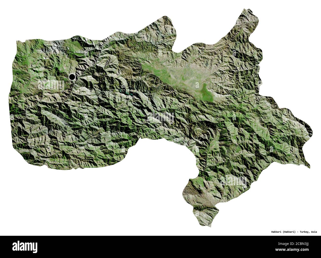 Shape of Hakkari, province of Turkey, with its capital isolated on white background. Satellite ...