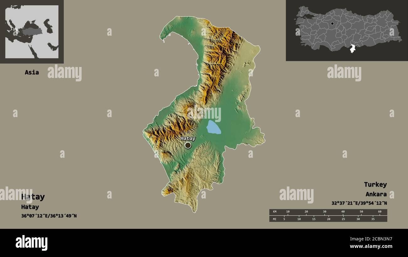 Shape of Hatay, province of Turkey, and its capital. Distance scale ...
