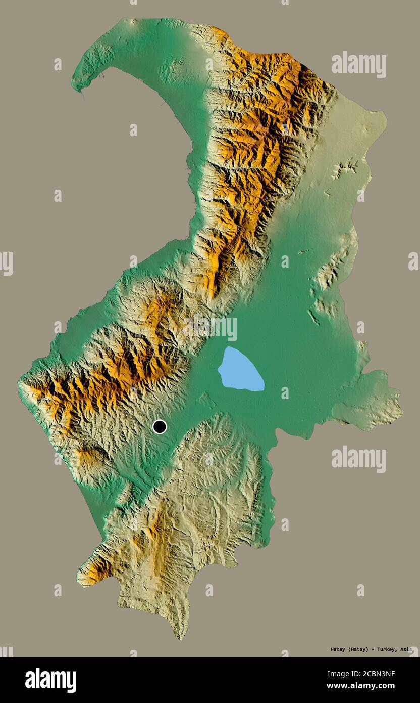 Shape of Hatay, province of Turkey, with its capital isolated on a solid color background ...