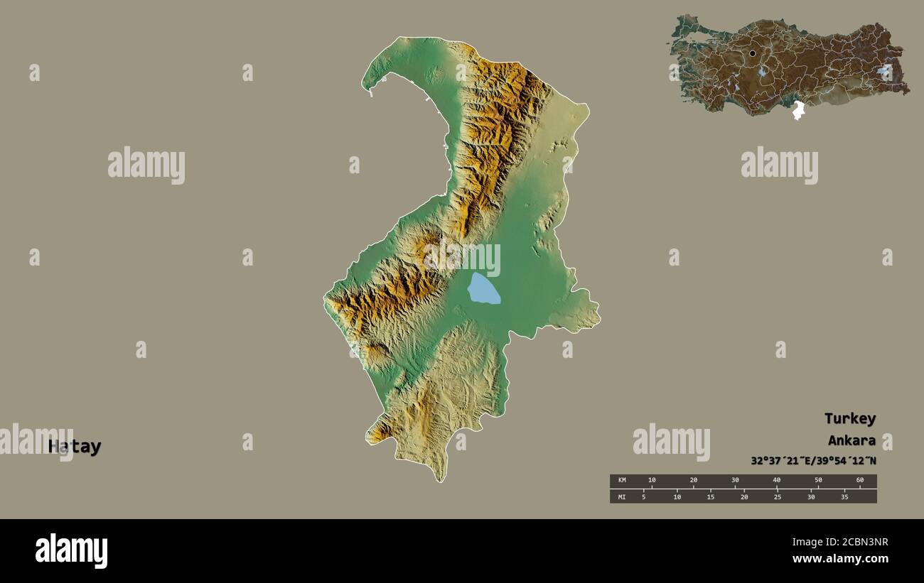 Shape of Hatay, province of Turkey, with its capital isolated on solid ...