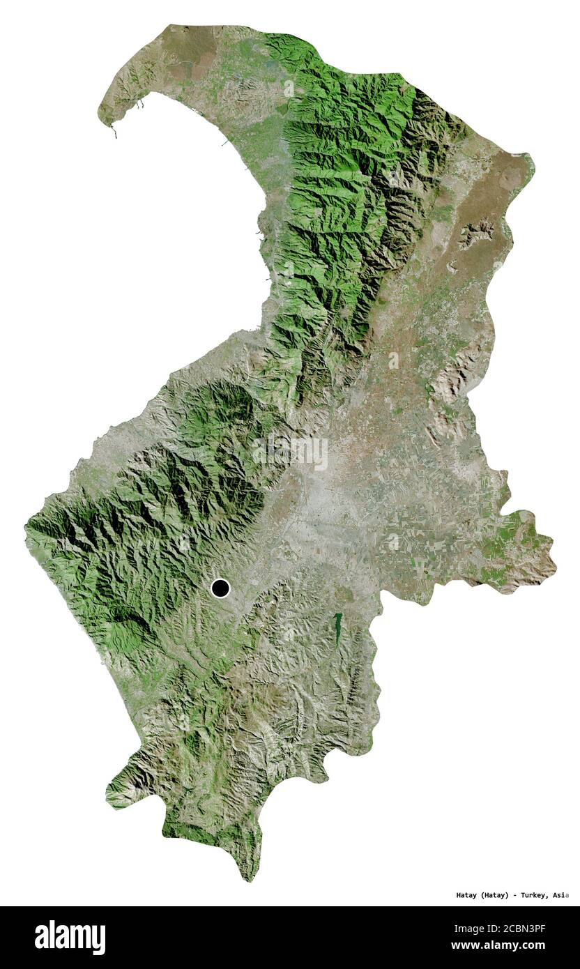 Shape of Hatay, province of Turkey, with its capital isolated on white ...