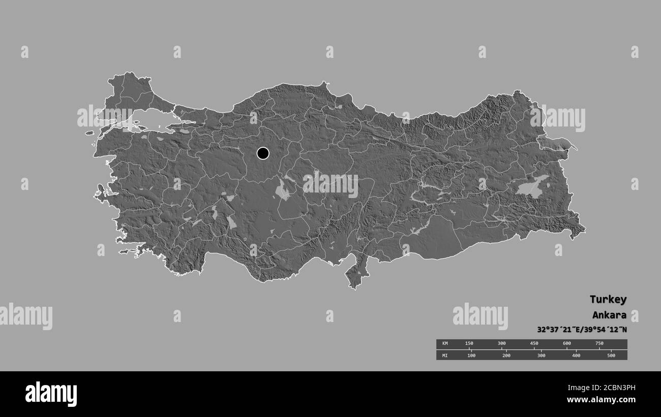 Desaturated shape of Turkey with its capital, main regional division ...