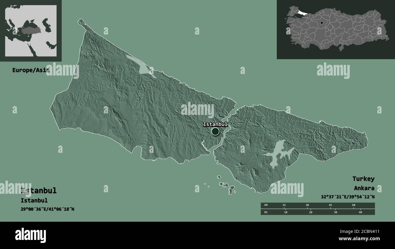 Shape of Istanbul, province of Turkey, and its capital. Distance scale ...