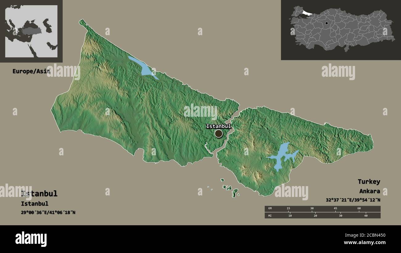 Shape of Istanbul, province of Turkey, and its capital. Distance scale ...