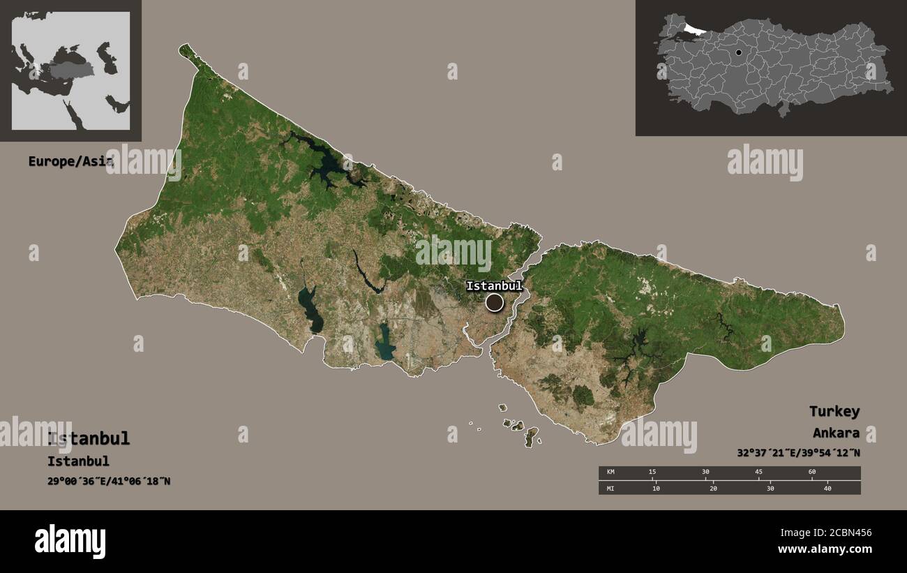 Shape of Istanbul, province of Turkey, and its capital. Distance scale ...