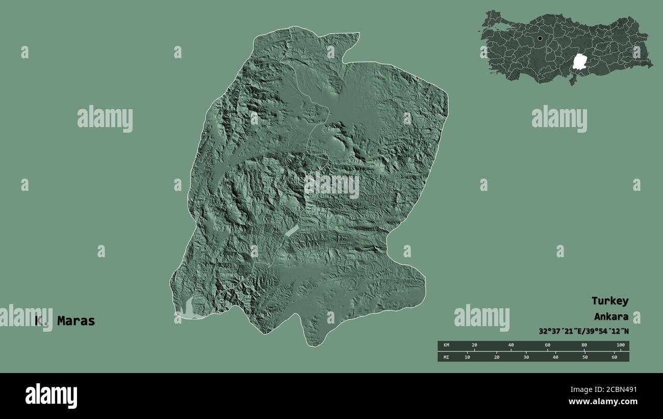 Shape of K. Maras, province of Turkey, with its capital isolated on ...