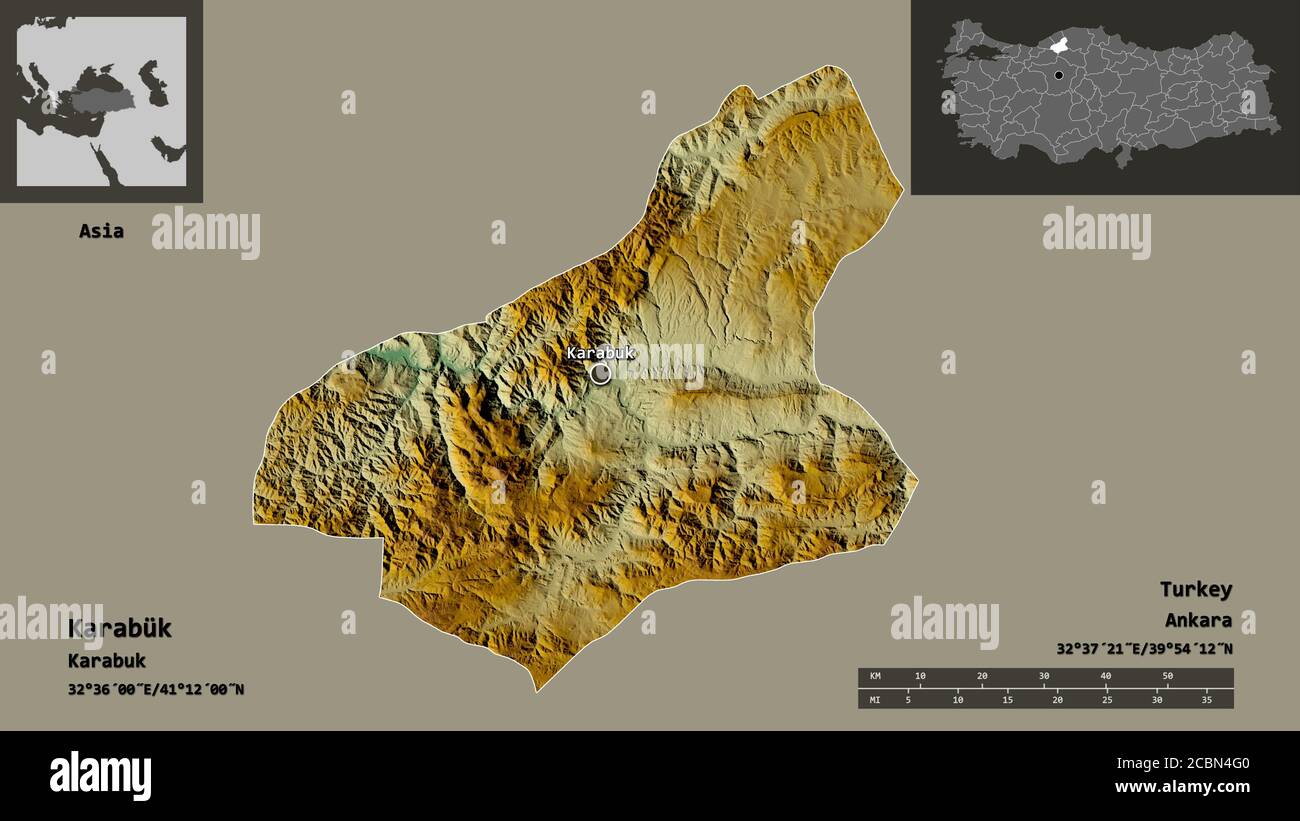 Shape of Karabük, province of Turkey, and its capital. Distance scale ...