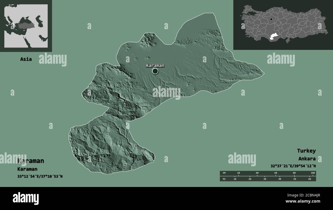 Shape of Karaman, province of Turkey, and its capital. Distance scale ...