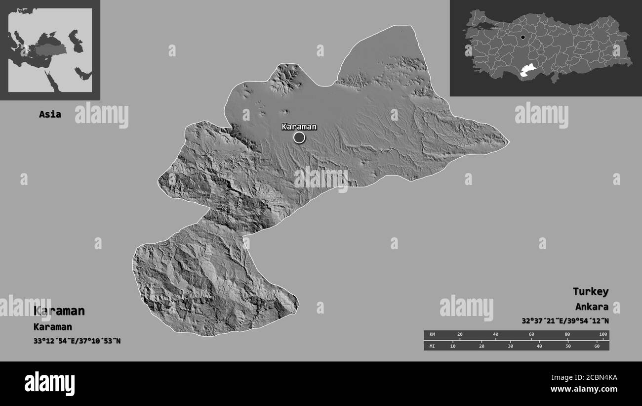 Shape of Karaman, province of Turkey, and its capital. Distance scale ...