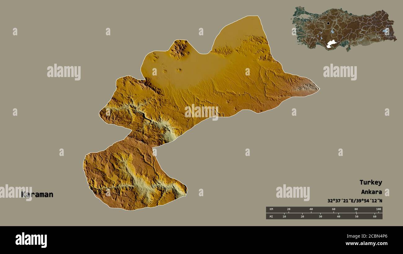 Shape of Karaman, province of Turkey, with its capital isolated on ...