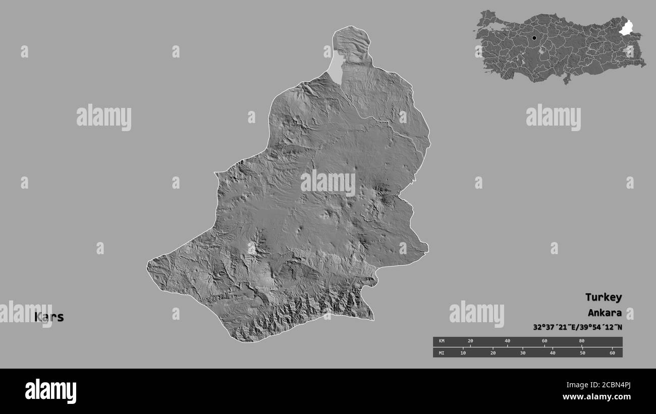 Shape of Kars, province of Turkey, with its capital isolated on solid ...