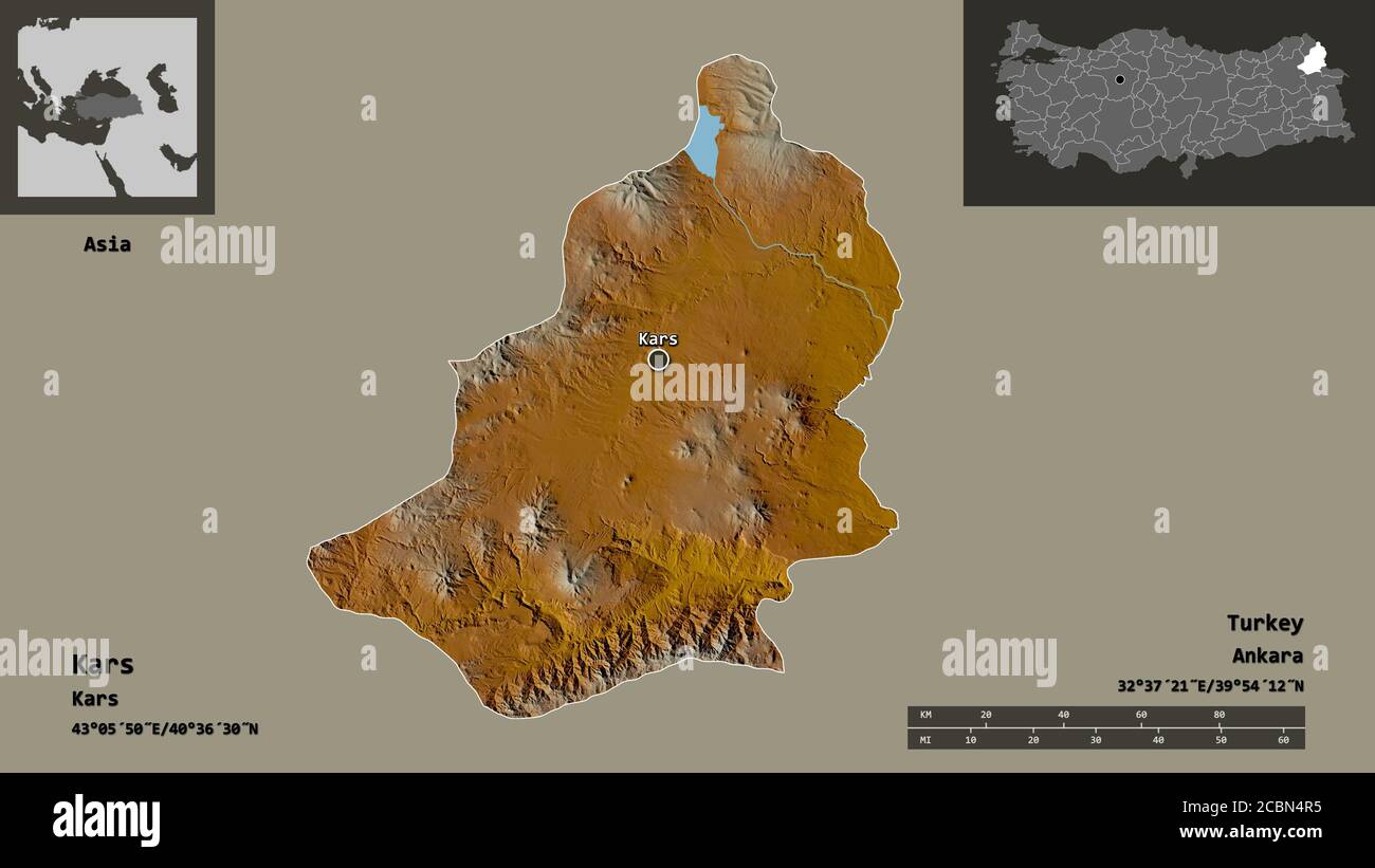 Shape of Kars, province of Turkey, and its capital. Distance scale ...