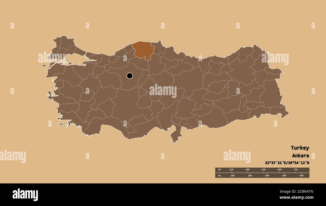 Desaturated shape of Turkey with its capital, main regional division ...