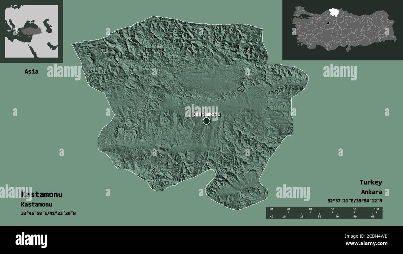 Shape of Kastamonu, province of Turkey, and its capital. Distance scale ...