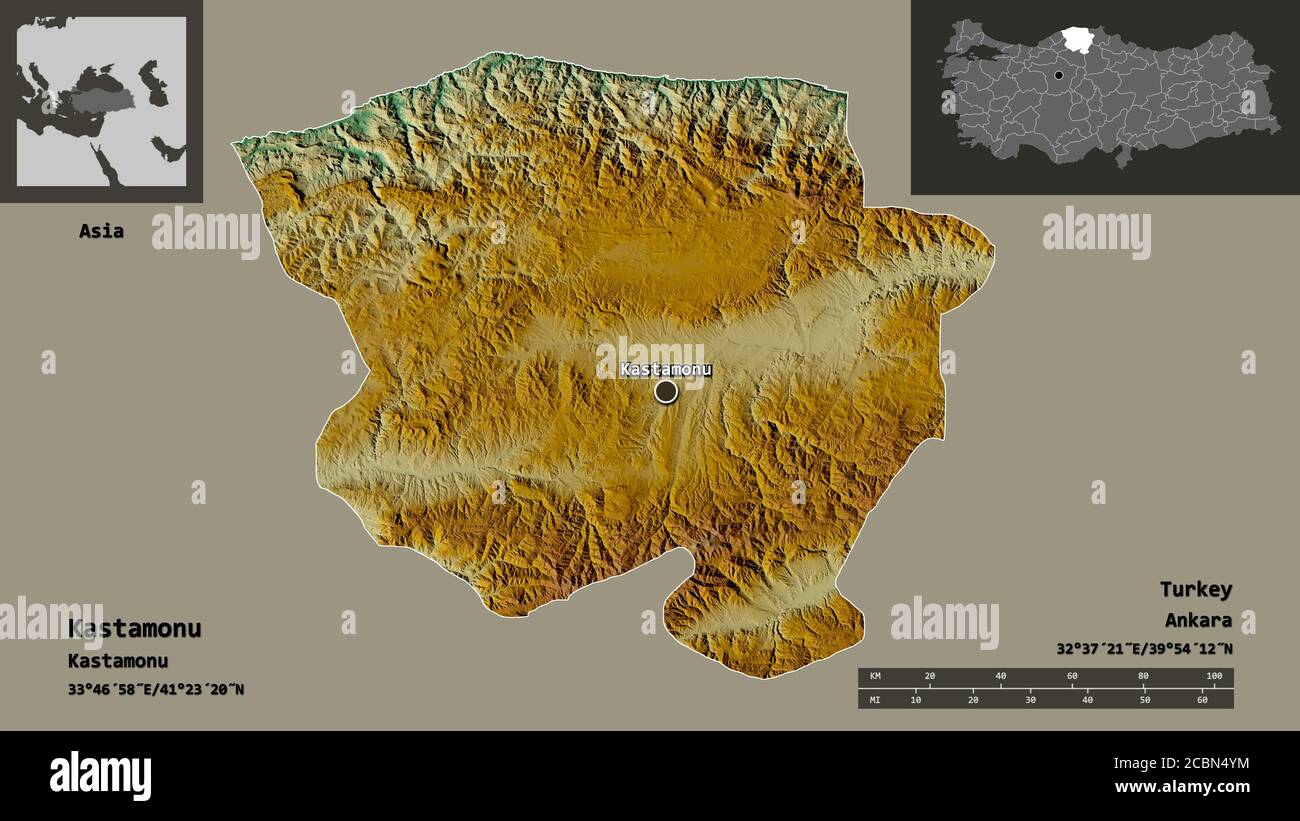 Shape of Kastamonu, province of Turkey, and its capital. Distance scale ...