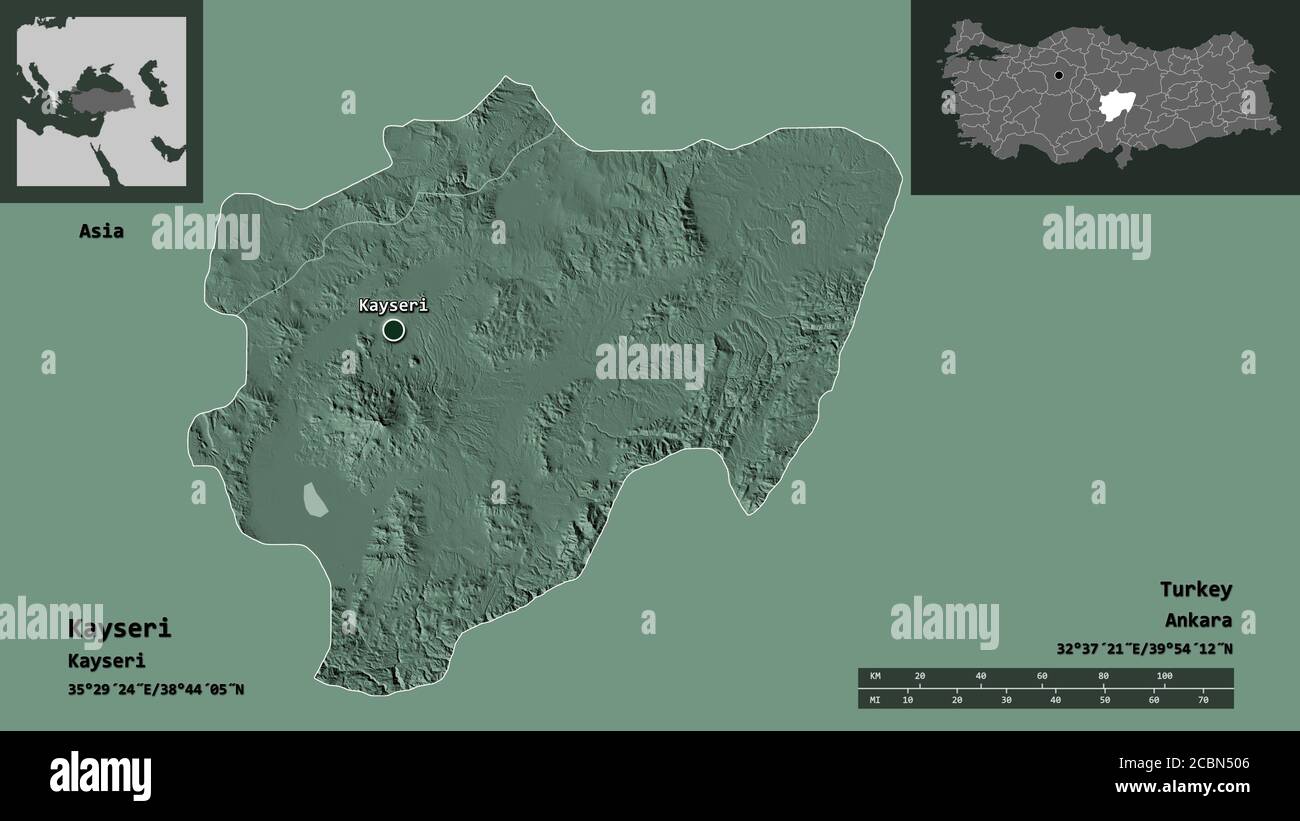 Shape of Kayseri, province of Turkey, and its capital. Distance scale ...