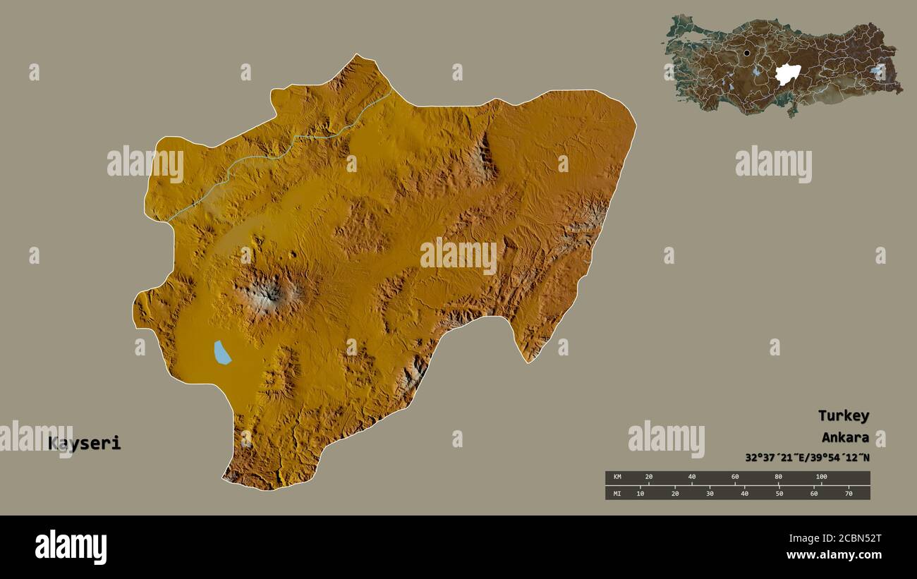 Shape of Kayseri, province of Turkey, with its capital isolated on ...