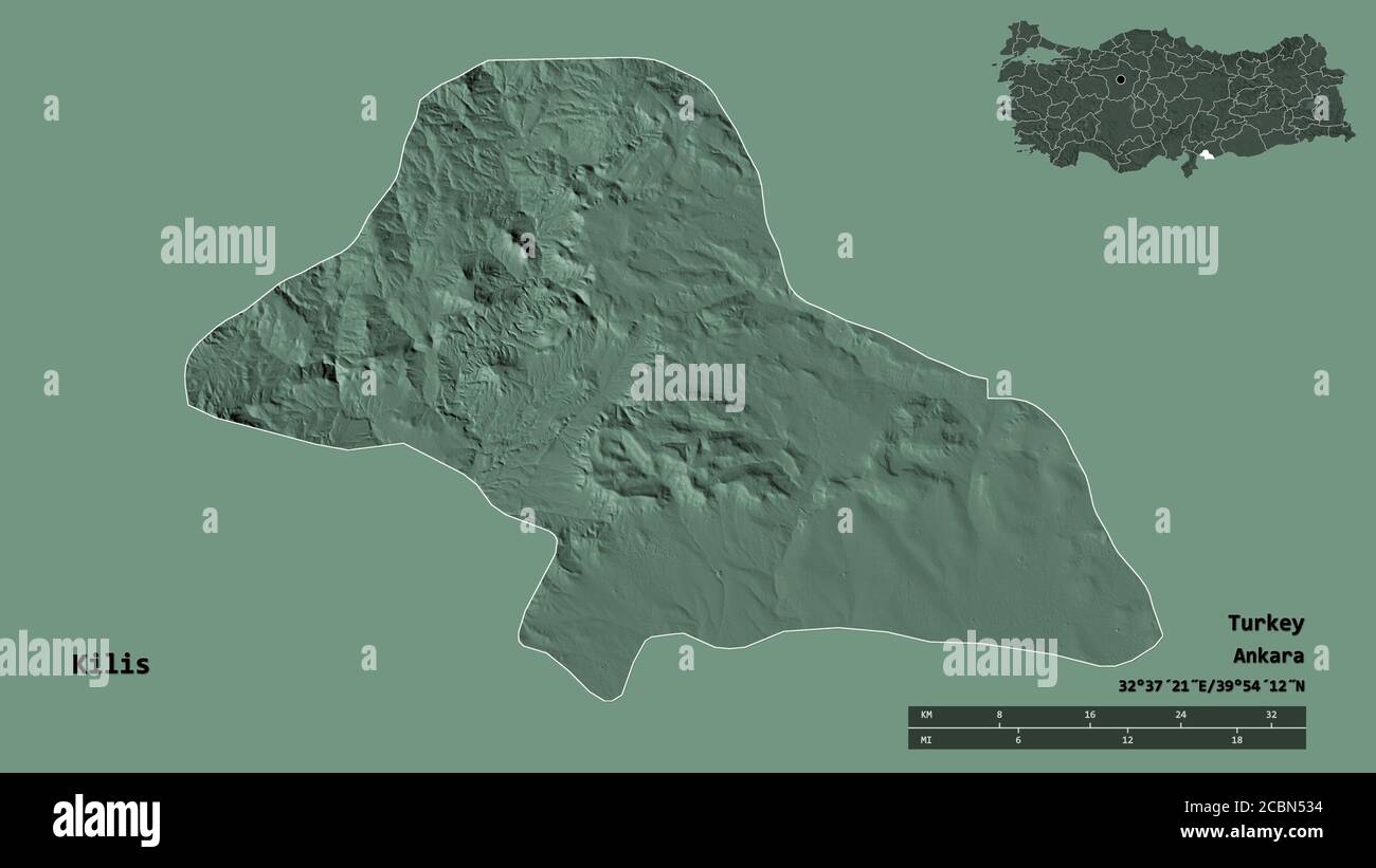 Shape of Kilis, province of Turkey, with its capital isolated on solid ...