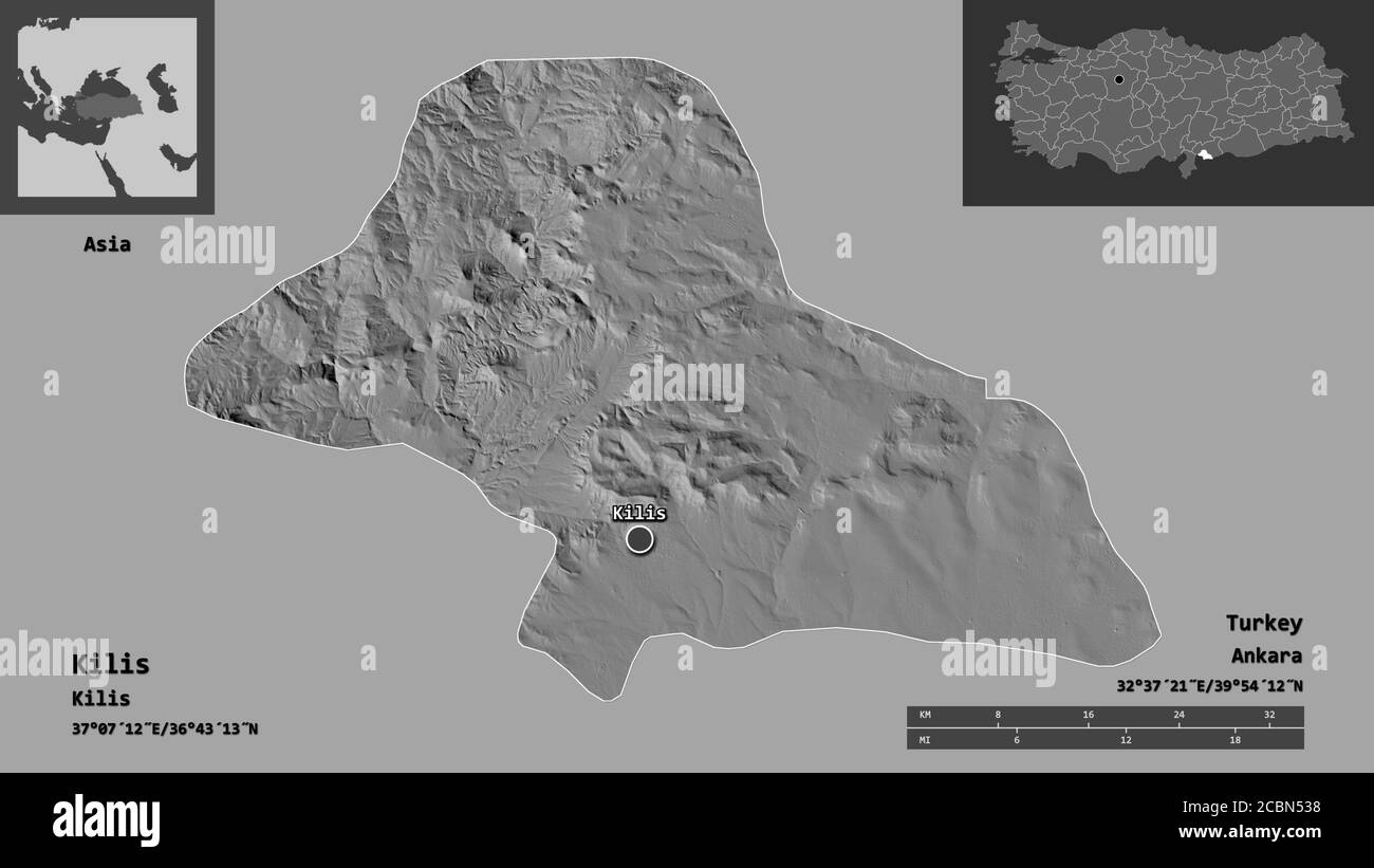Shape of Kilis, province of Turkey, and its capital. Distance scale ...