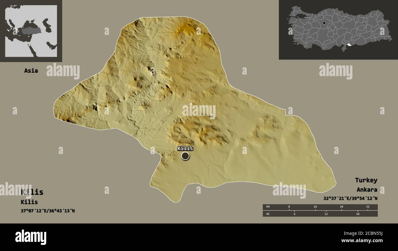 Shape of Kilis, province of Turkey, and its capital. Distance scale ...