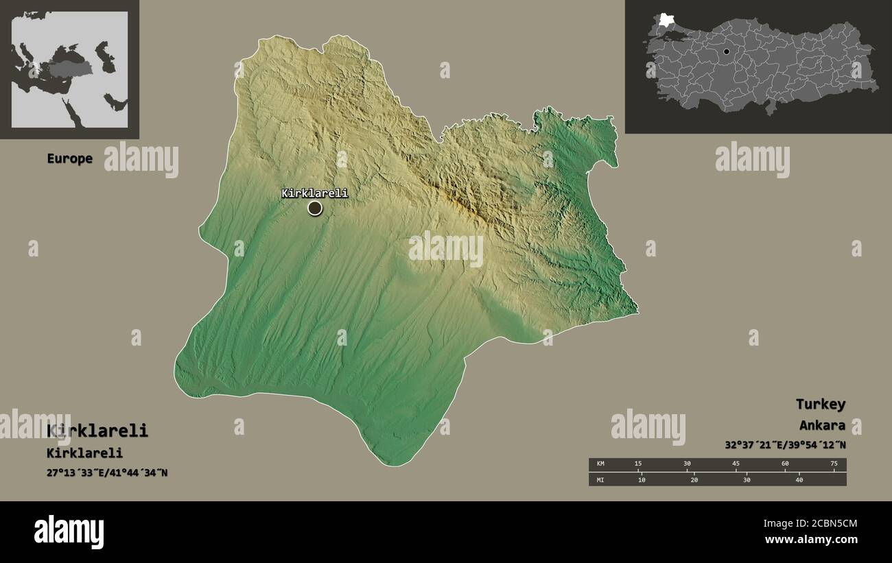 Shape of Kirklareli, province of Turkey, and its capital. Distance ...