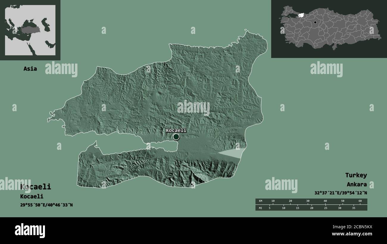Shape of Kocaeli, province of Turkey, and its capital. Distance scale ...