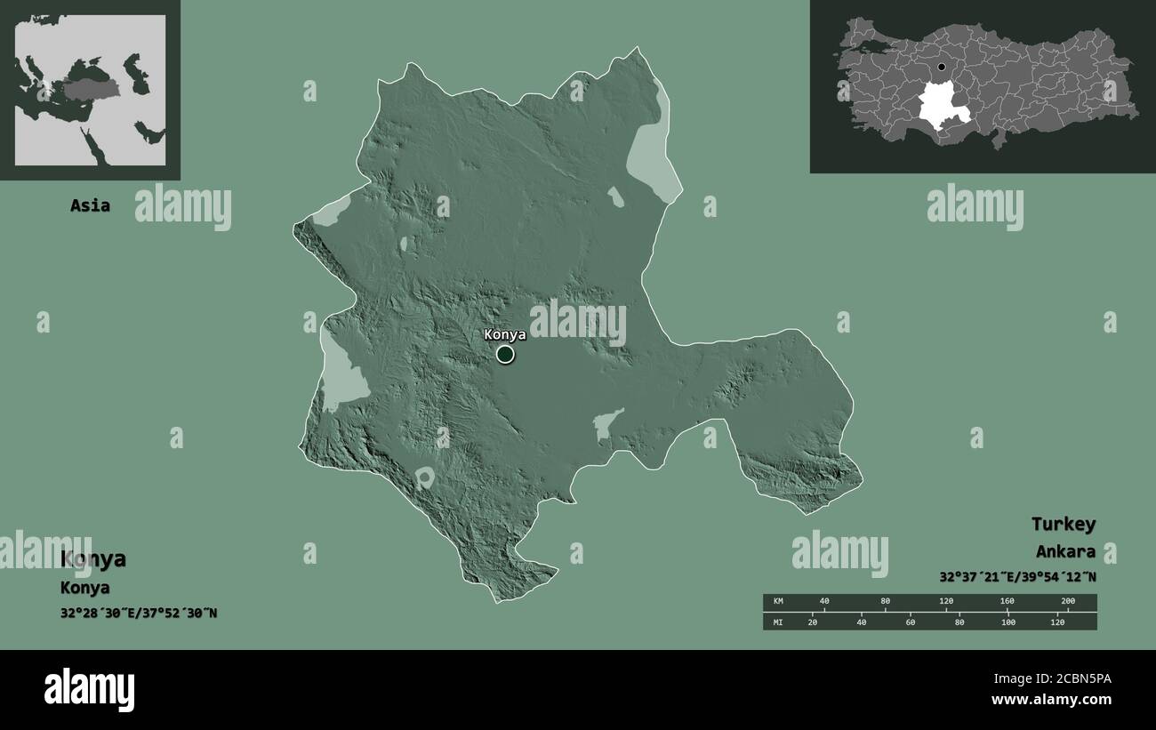 Shape of Konya, province of Turkey, and its capital. Distance scale ...