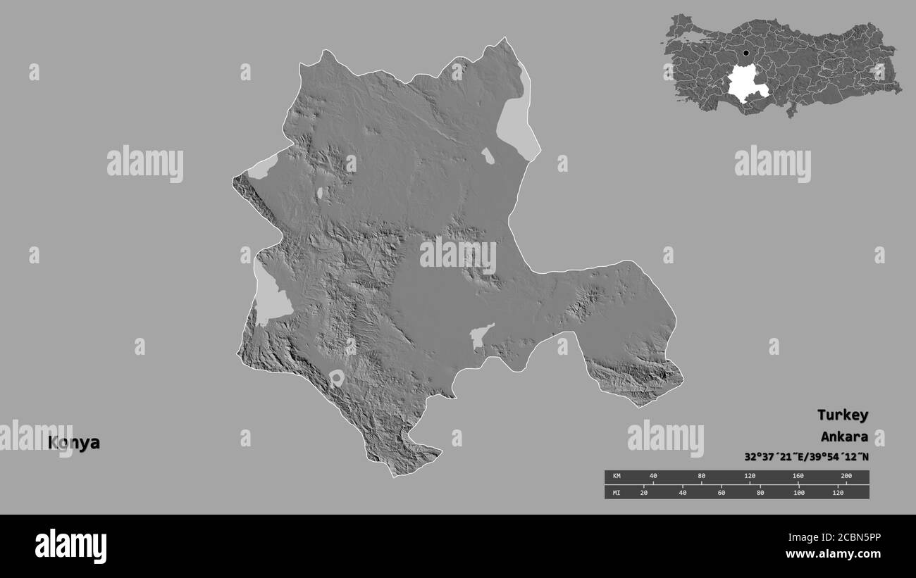 Shape of Konya, province of Turkey, with its capital isolated on solid ...