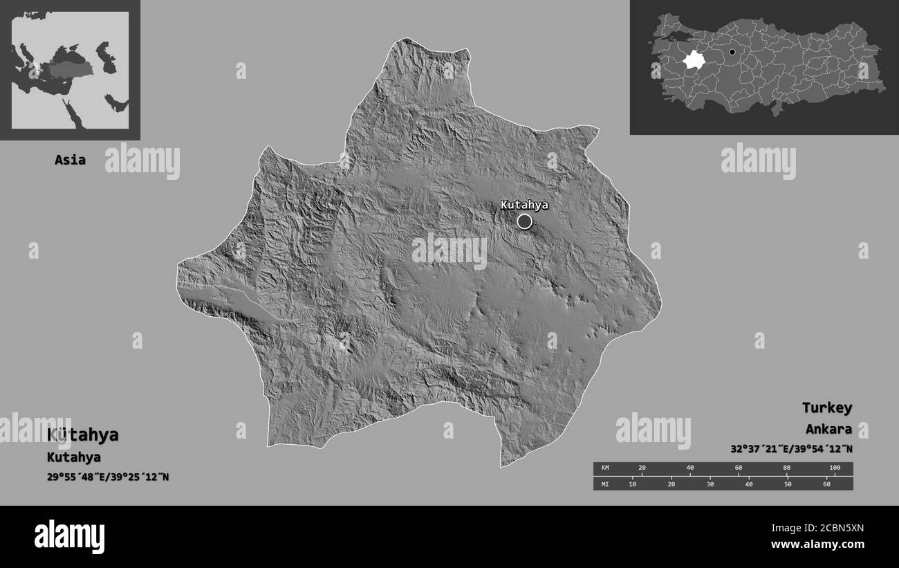 Shape of Kütahya, province of Turkey, and its capital. Distance scale ...