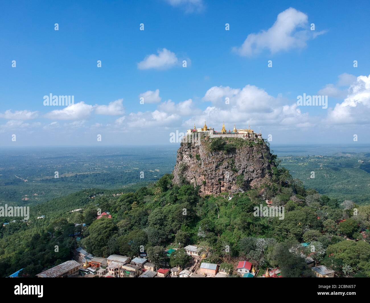Myanmar, Mount Popa - 23 April 2019. Drone shot of Taung Kalat, a ...