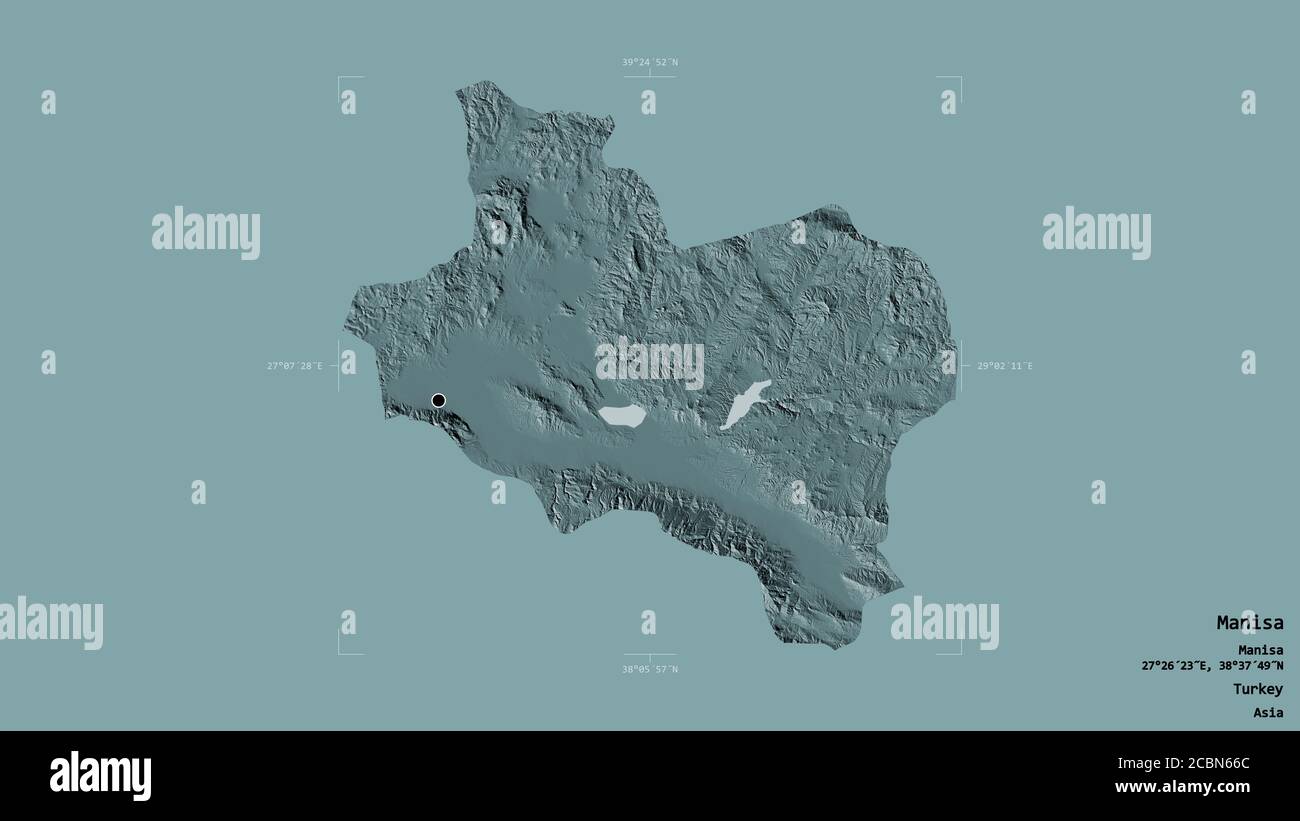 Area of Manisa, province of Turkey, isolated on a solid background in a ...