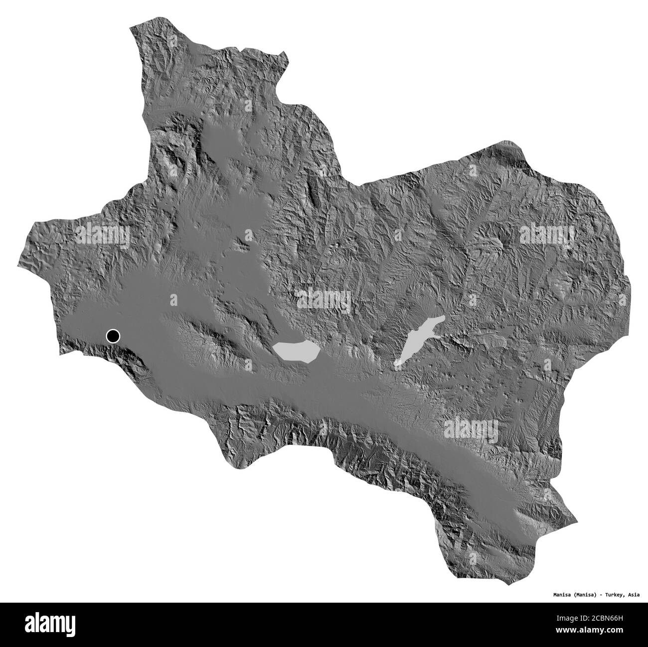 Shape of Manisa, province of Turkey, with its capital isolated on white ...
